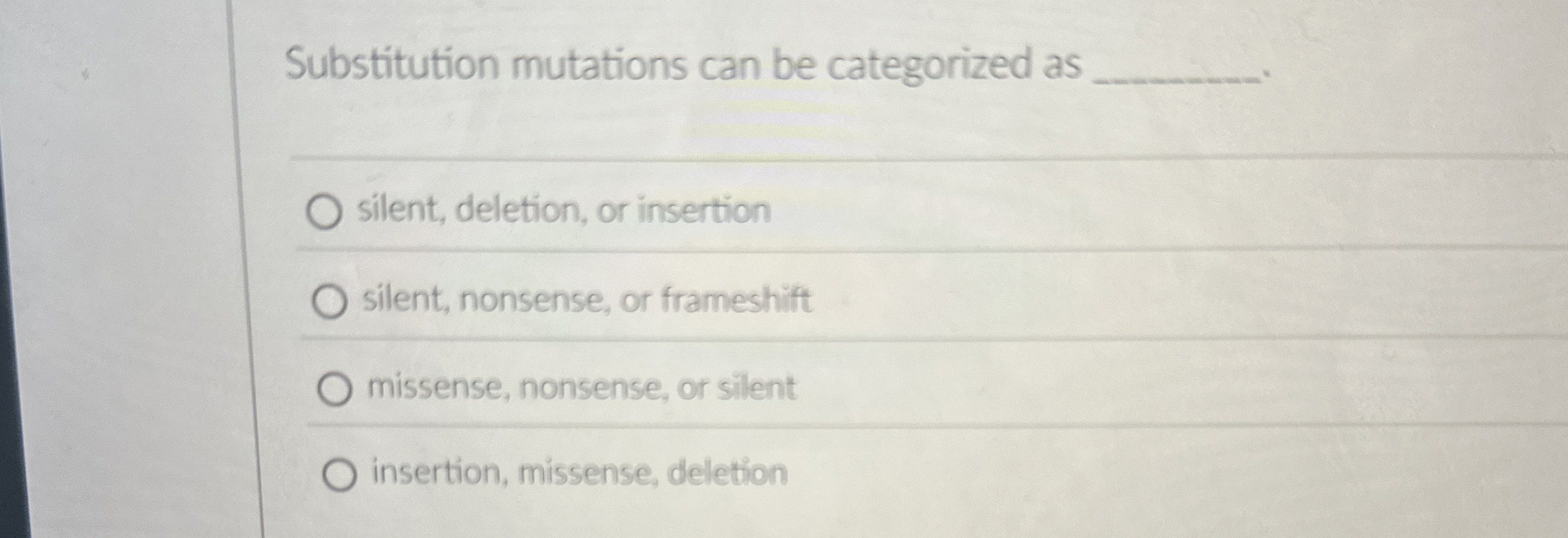 Solved Substitution mutations can be categorized as | Chegg.com