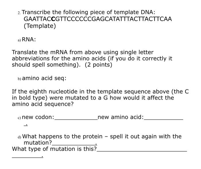 Solved 2. Transcribe the following piece of template DNA: | Chegg.com