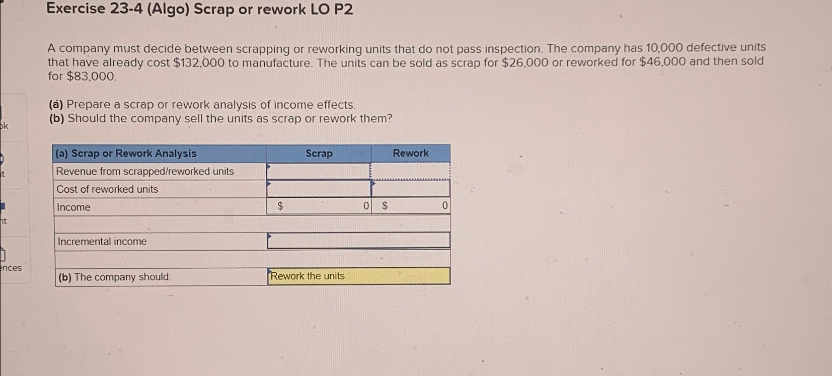 Solved Exercise 23-4 (Algo) ﻿Scrap or rework LO P2A company | Chegg.com