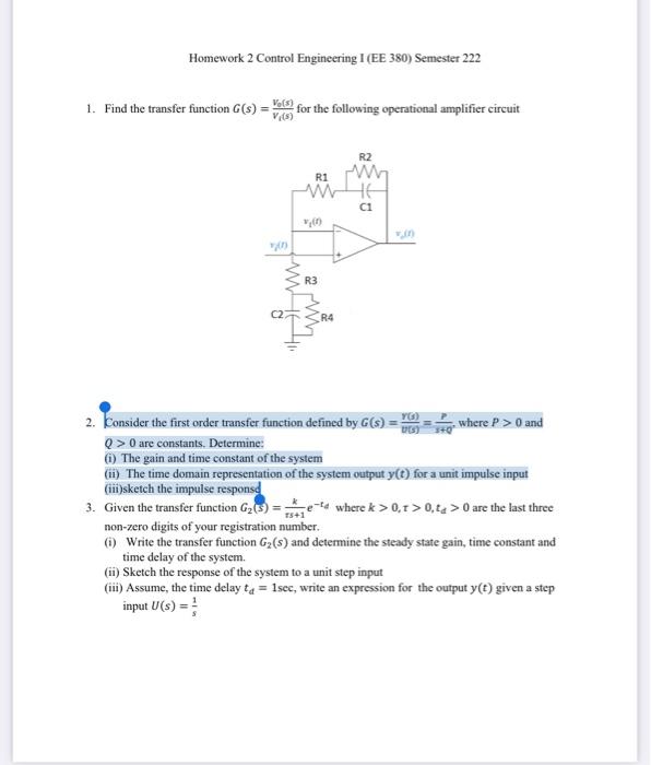 Solved Homework 2 Control Engineering I (EE 380) Semester | Chegg.com