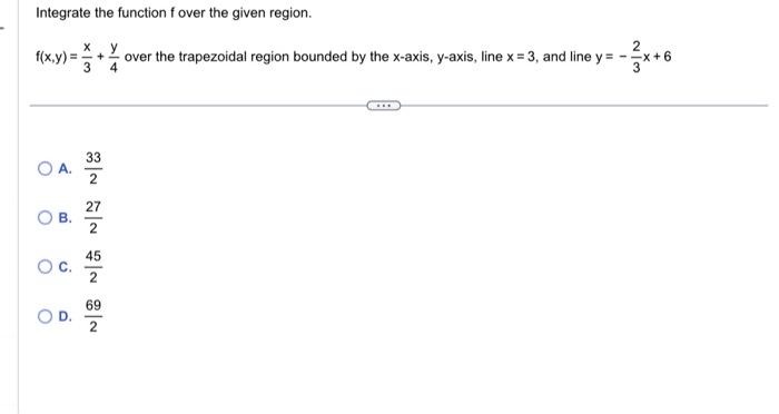 Solved Integrate the function f over the given region. | Chegg.com
