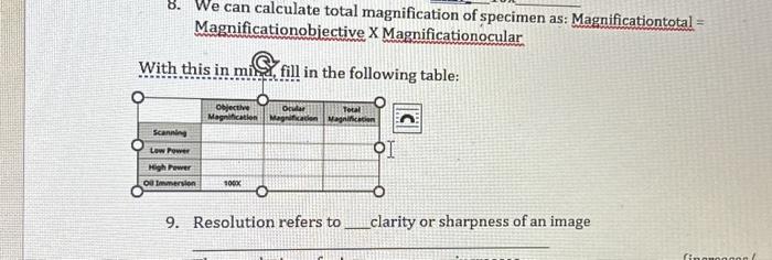 Solved 8. We can calculate total magnification of specimen | Chegg.com