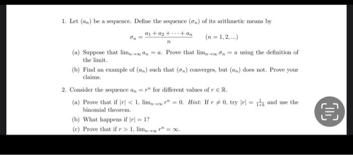Solved 1. Let (an) be a sequence. Define the sequence (σn) | Chegg.com