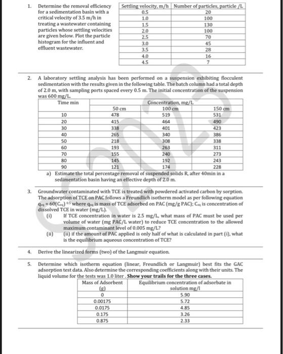 Solved 1. Determine the removal efficiency for a | Chegg.com Solved 1. Determine the removal efficiency for a | Chegg.com