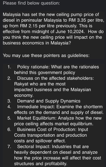 Solved Malaysia has set the new ceiling pump price ofdiesel | Chegg.com