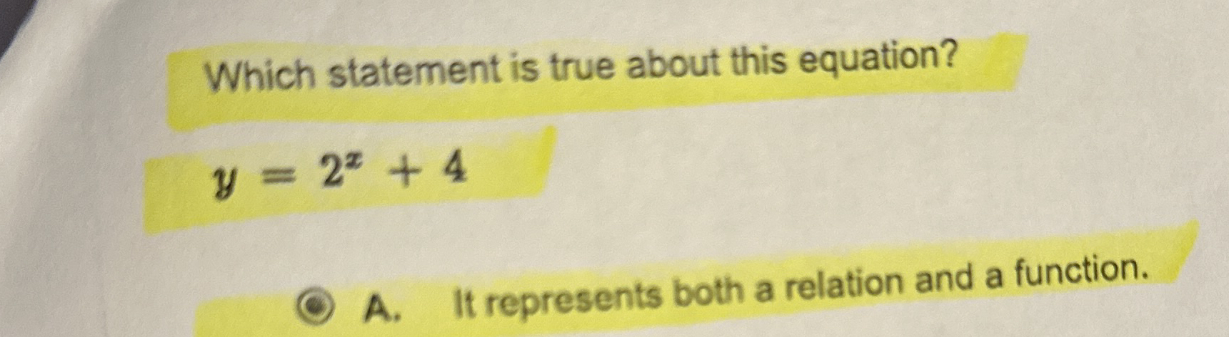 Solved Which statement is true about this equation?y=2x+4A. | Chegg.com