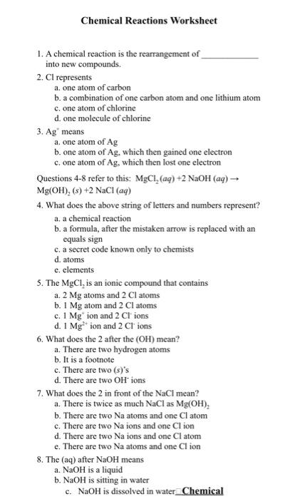 Solved Chemical Reactions Worksheet 1. A chemical reaction | Chegg.com