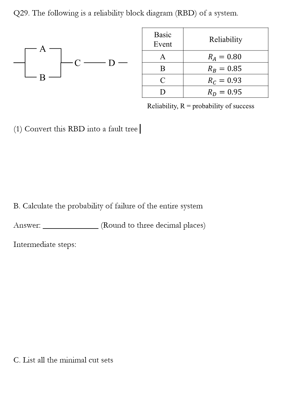 Solved Q29. ﻿The following is a reliability block diagram | Chegg.com