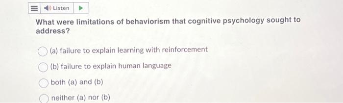 Solved Listen What were limitations of behaviorism that | Chegg.com