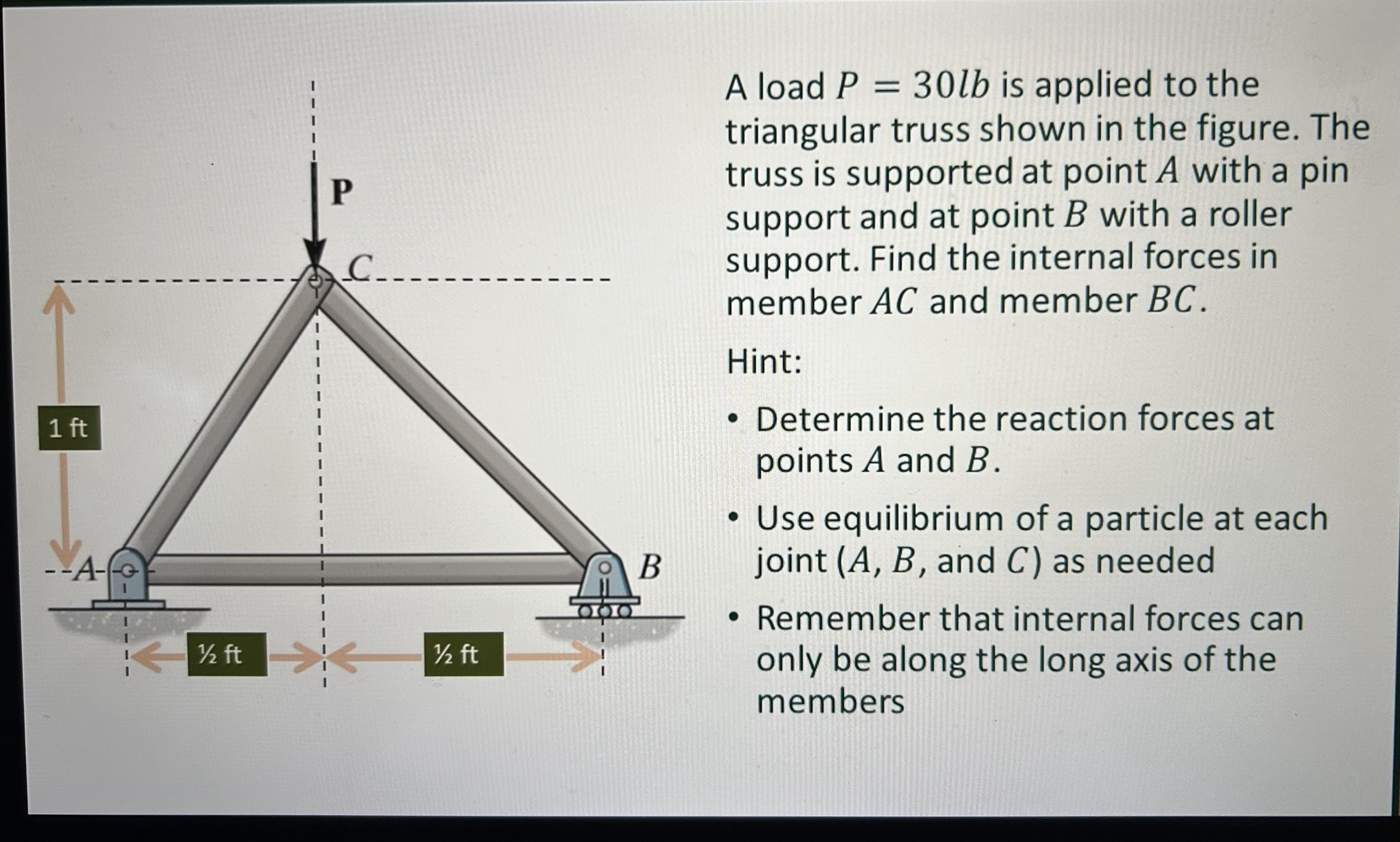 Solved A load P=30lb ﻿is applied to thetriangular truss | Chegg.com