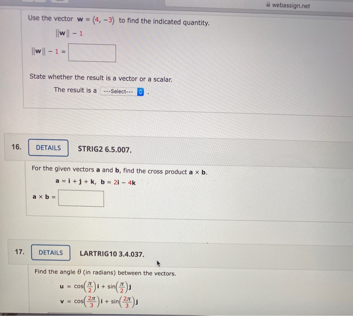 Solved webassign.net Use the vector w = (4, -3) to find the | Chegg.com