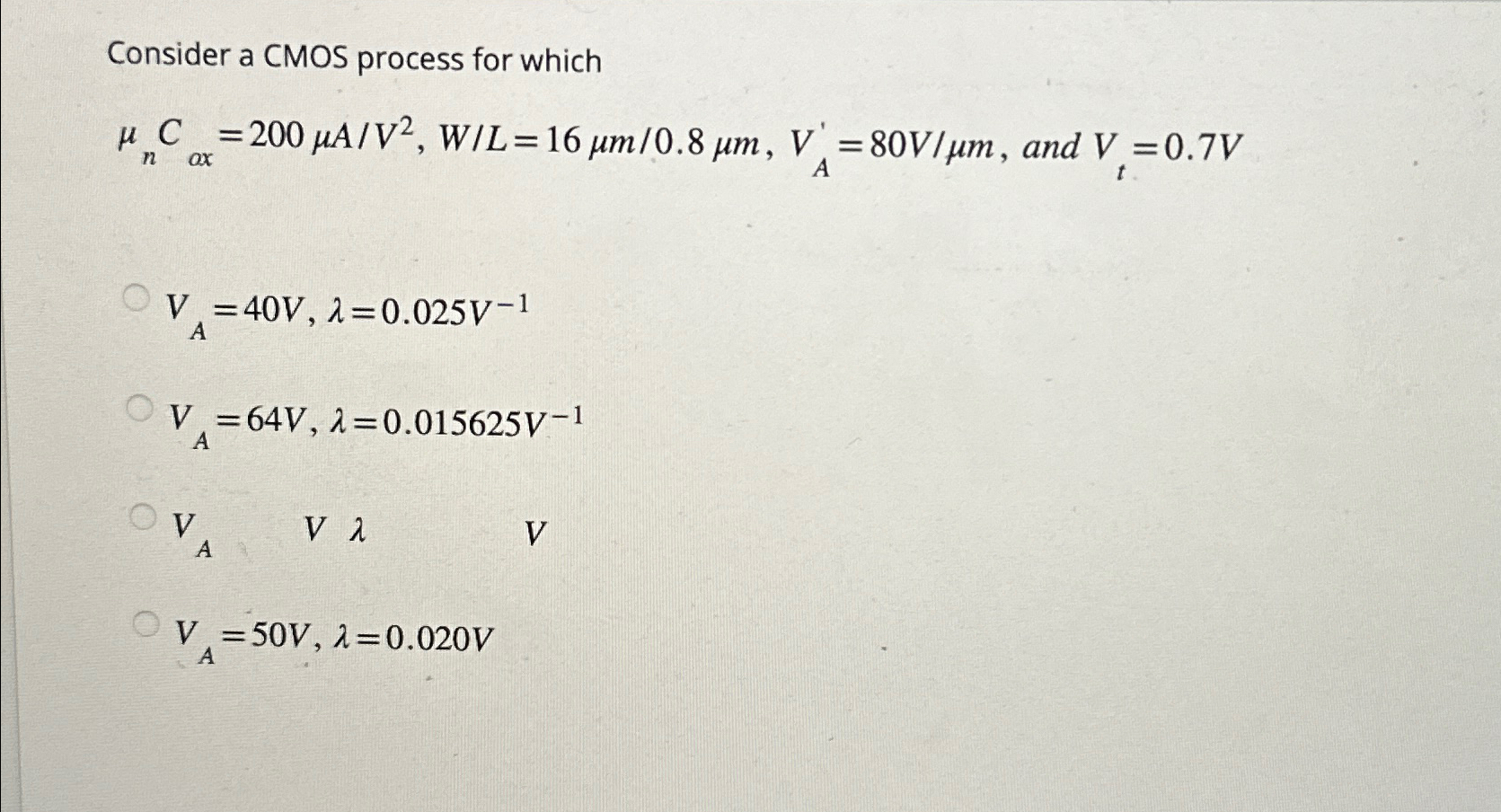 Solved Consider a CMOS process for | Chegg.com