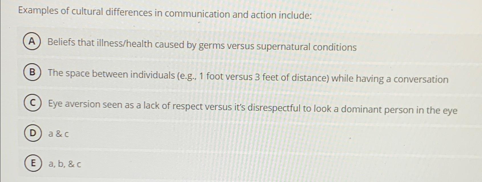 Solved Examples of cultural differences in communication and | Chegg.com