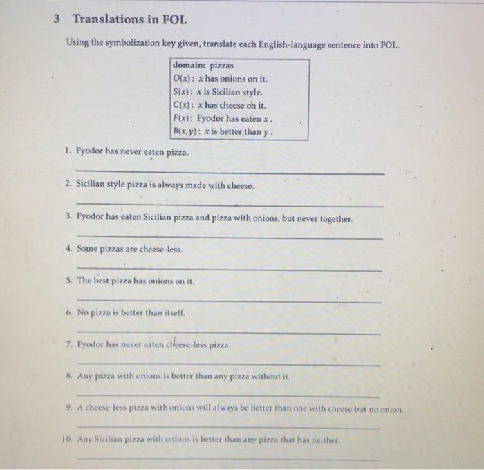 Solved 3 Translations In Fol Using The Symbolization Key