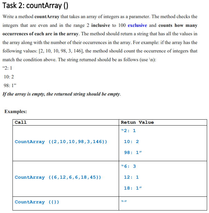 Task 2: countArray ()Write a method countArray that | Chegg.com
