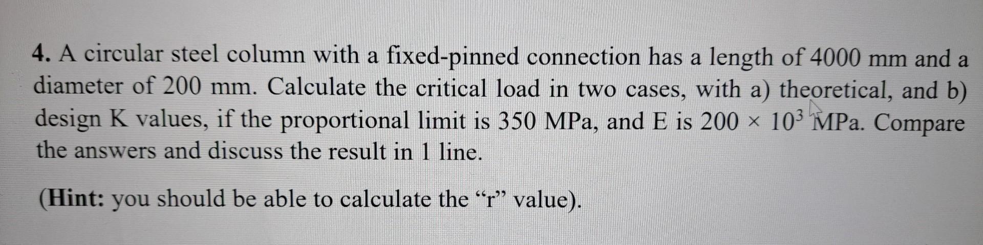 Solved 4. A circular steel column with a fixed-pinned | Chegg.com