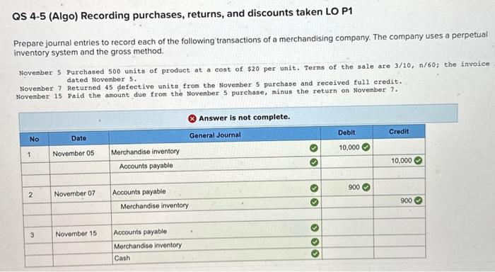 Solved QS 4-5 (Algo) Recording purchases, returns, and | Chegg.com