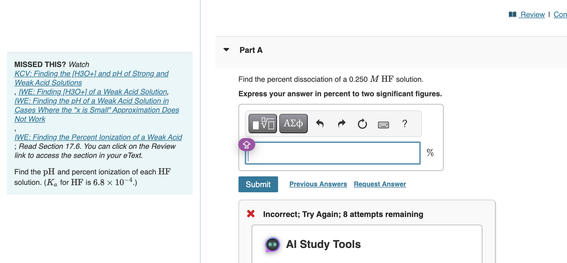 MISSED THIS? WatchKCV: Finding the [H3O+] ﻿and pH of | Chegg.com