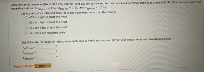 Solved Light containing wavelengths of 400 nm, 500 nm, and | Chegg.com
