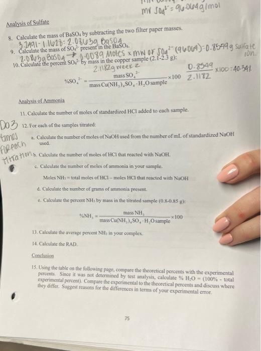 Analysis of Sulfate 8. Calculate the mass of BaSO4 by | Chegg.com