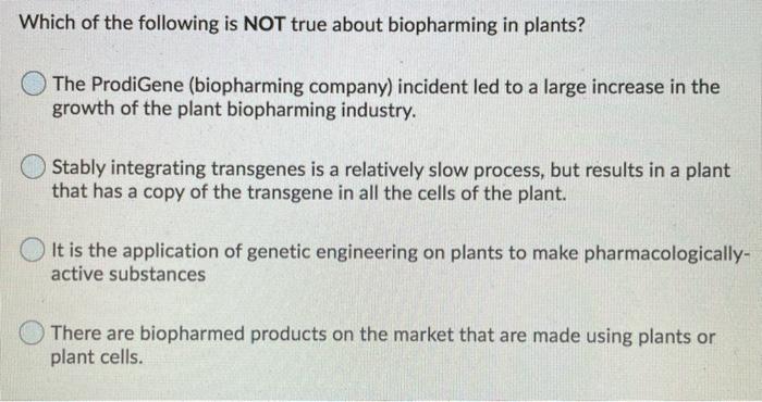 Solved Which of the following is NOT true about biopharming | Chegg.com