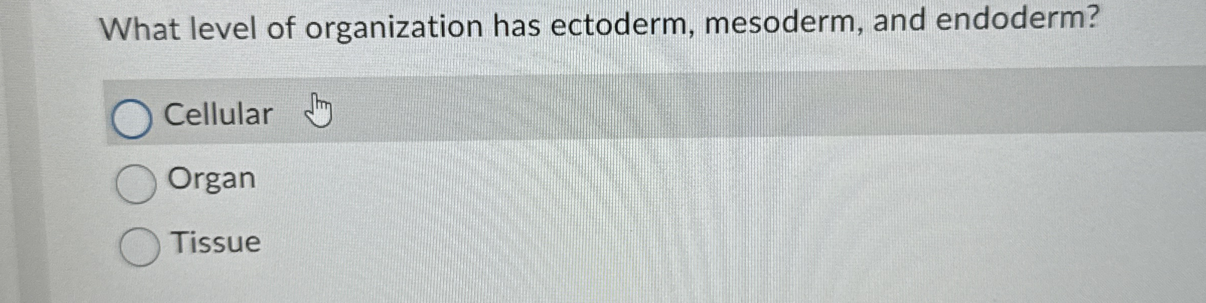 Solved What level of organization has ectoderm, mesoderm, | Chegg.com