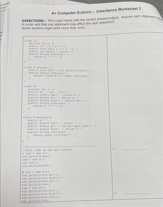 Solved Δ+ Comnuter Science - Inheritance Worksheet 3 | Chegg.com
