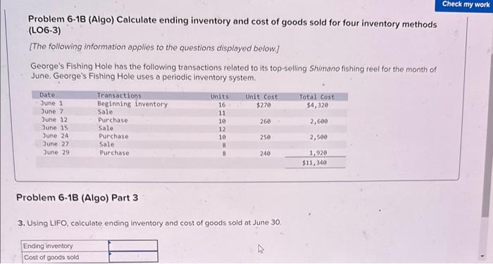 Solved Problem 6-1B (Algo) Calculate ending inventory and | Chegg.com