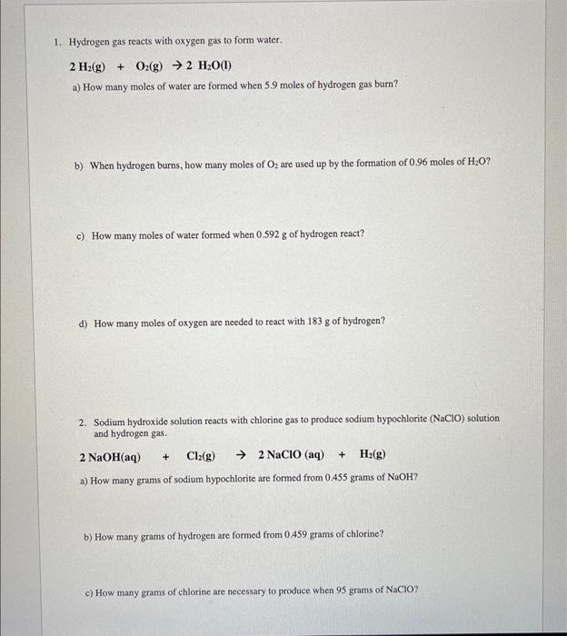 Solved 1. Hydrogen gas reacts with oxygen gas to form water. | Chegg.com