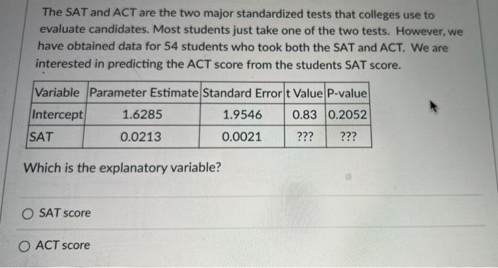 Solved The SAT and ACT are the two major standardized tests | Chegg.com