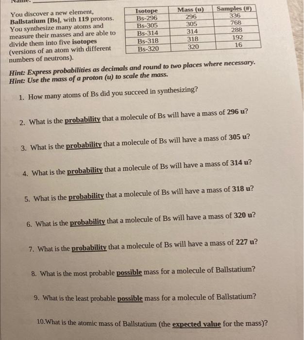 Solved You discover a new element, Ballstatium [Bs], with | Chegg.com