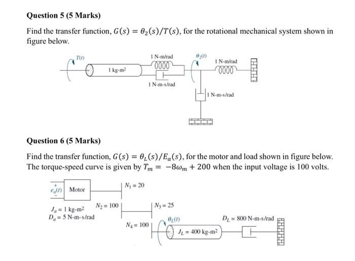 Solved Find the transfer function, G(s)=θ2(s)/T(s), for the | Chegg.com
