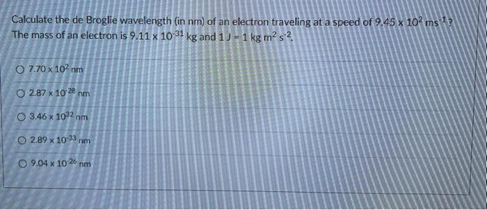 Solved Calculate the de Broglie wavelength (in nm ) of an | Chegg.com