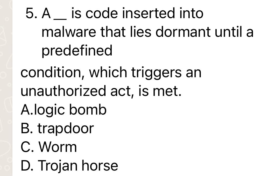Solved A__ ﻿is code inserted into malware that lies dormant | Chegg.com