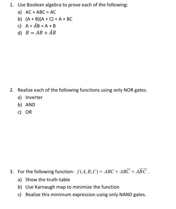 Solved 1. Use Boolean algebra to prove each of the | Chegg.com