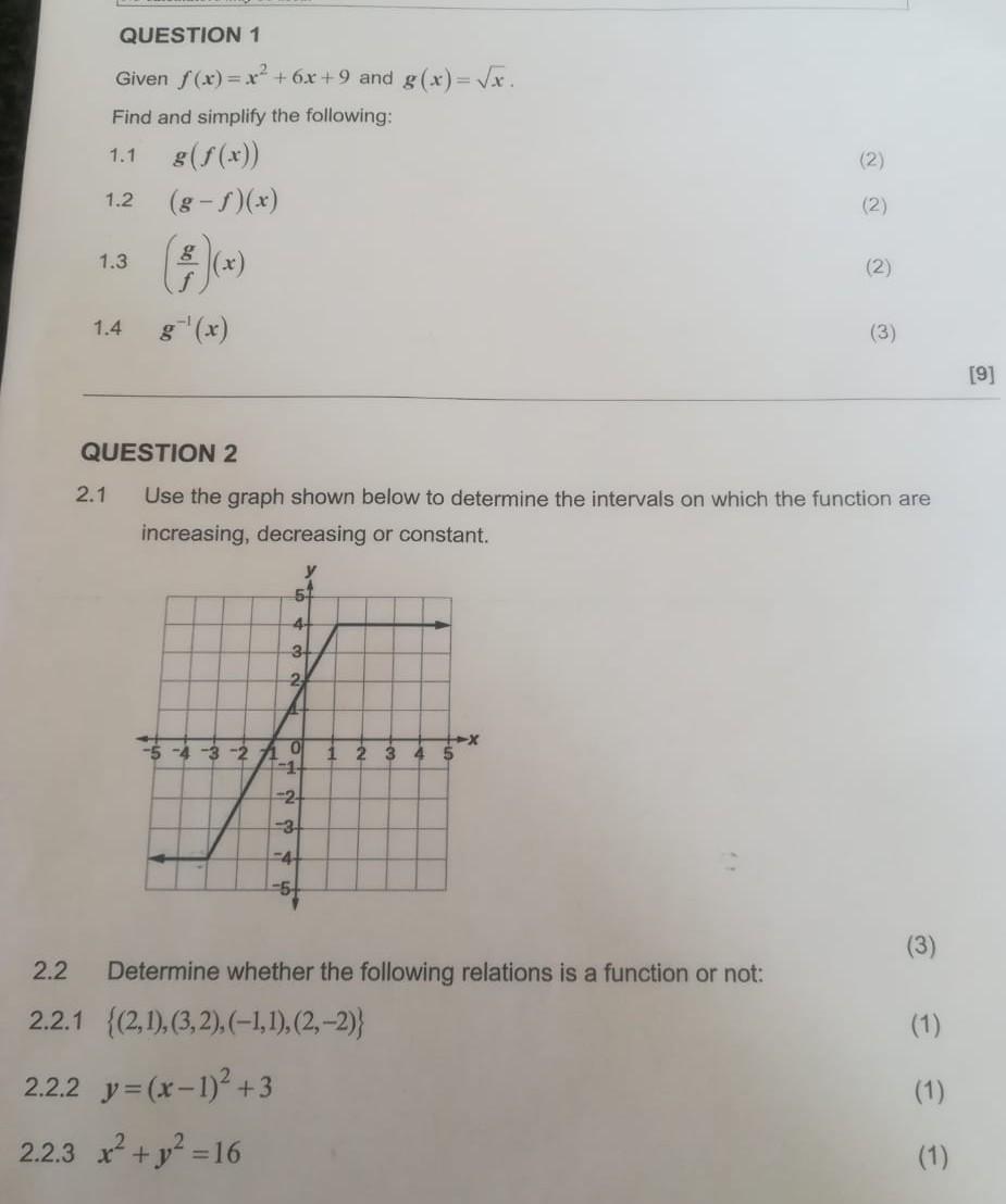 Solved QUESTION 1 Given f(x)=x2+6x+9 and g(x)=x. Find and | Chegg.com