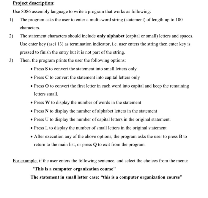 Solved Project Description Use 8086 Assembly Language To