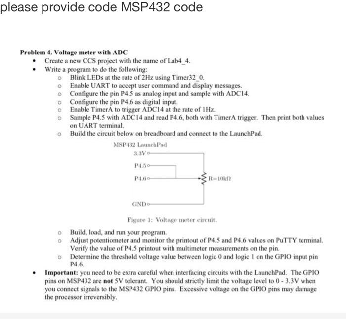 Please Provide Code Msp432 Code O Problem 4 Voltage 8010