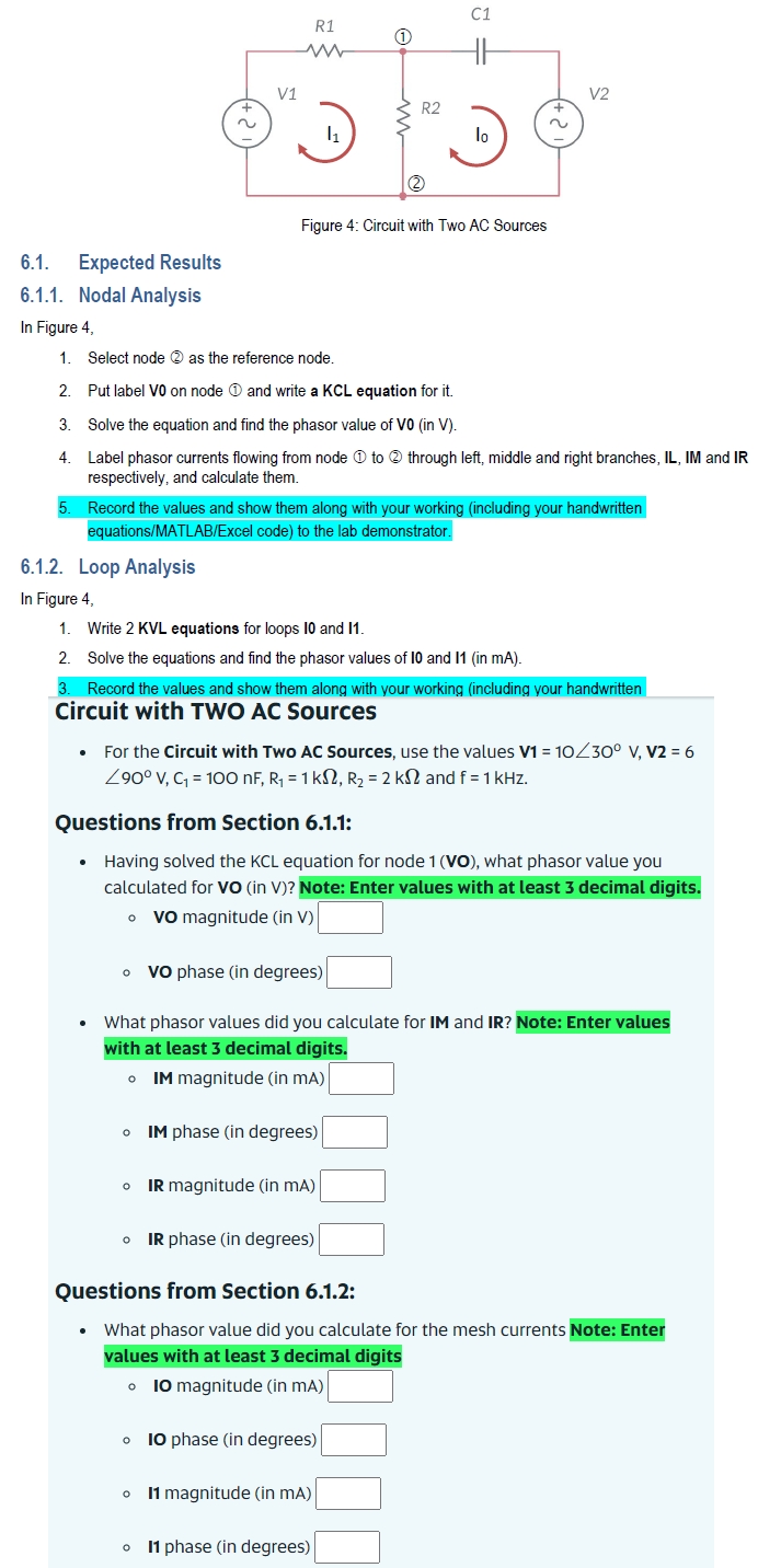 Solved For the Circuit with Two AC Sources, use the values | Chegg.com