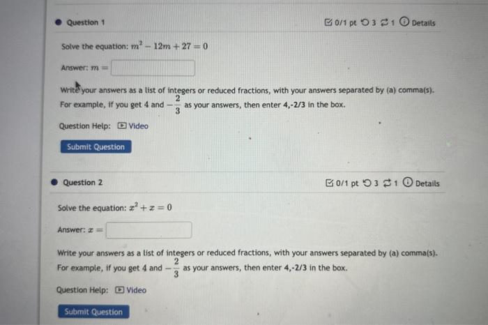 Solved Solve the equation: m2−12m+27=0 Answer: m= Writet | Chegg.com