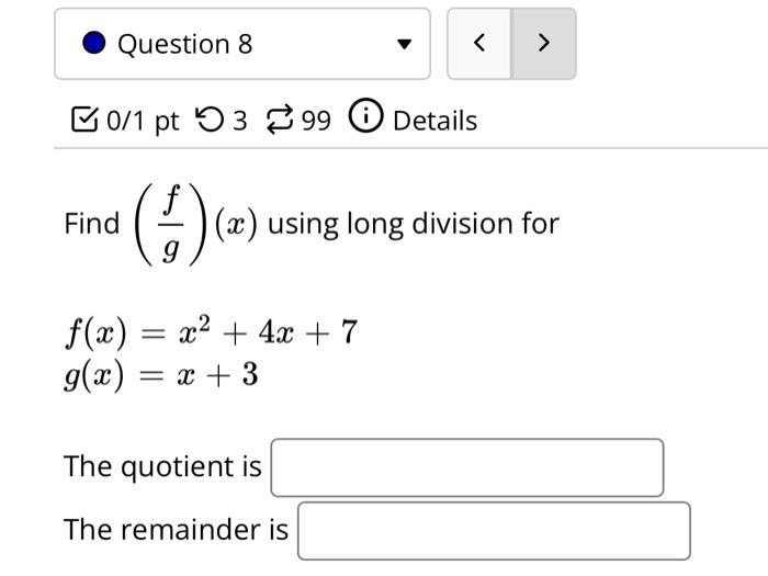 Solved Question 8 『0/1 pt •3 ↛99 (i) Details Find (gf)(x) | Chegg.com