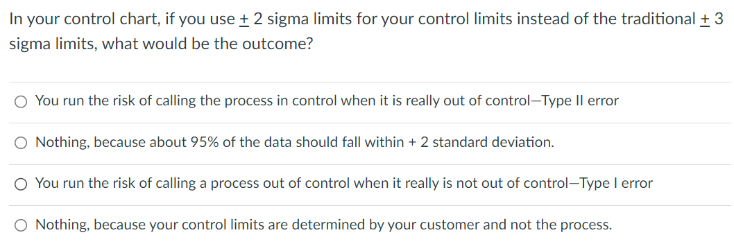 Solved In your control chart, if you use +-2 ﻿sigma limits | Chegg.com