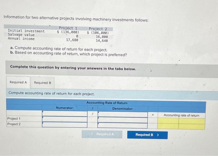 Solved Information for two alternative projects involving | Chegg.com