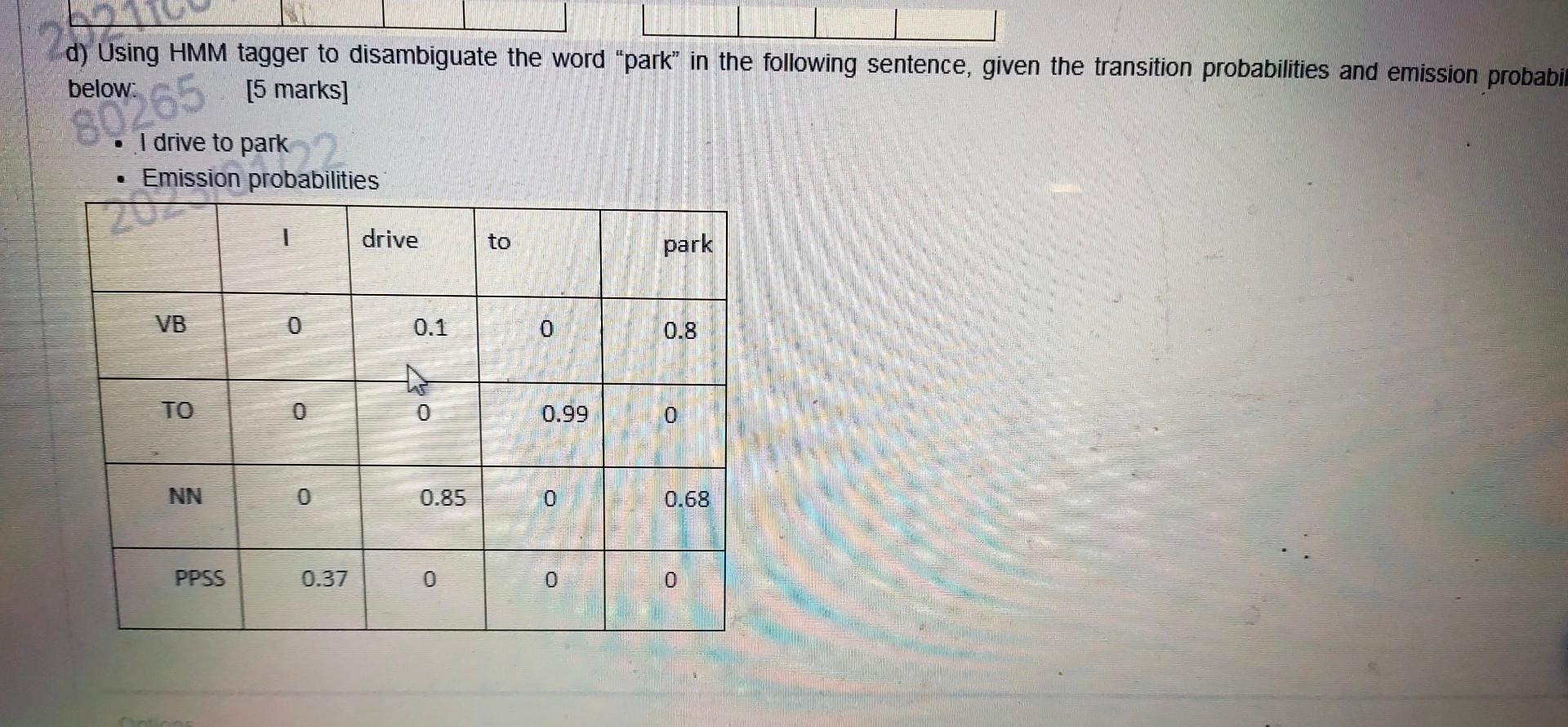 Solved d) Using HMM tagger to disambiguate the word "park" | Chegg.com