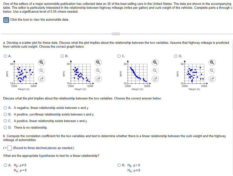 C. H0:ρ=0D. H0:ρ≤0HA:ρ≠0HA:ρ>0Calculate the t-test | Chegg.com
