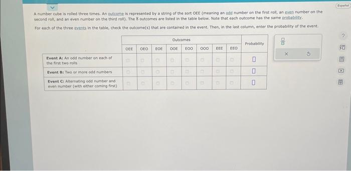 Solved A number cube is rolled three times. An catcome is | Chegg.com