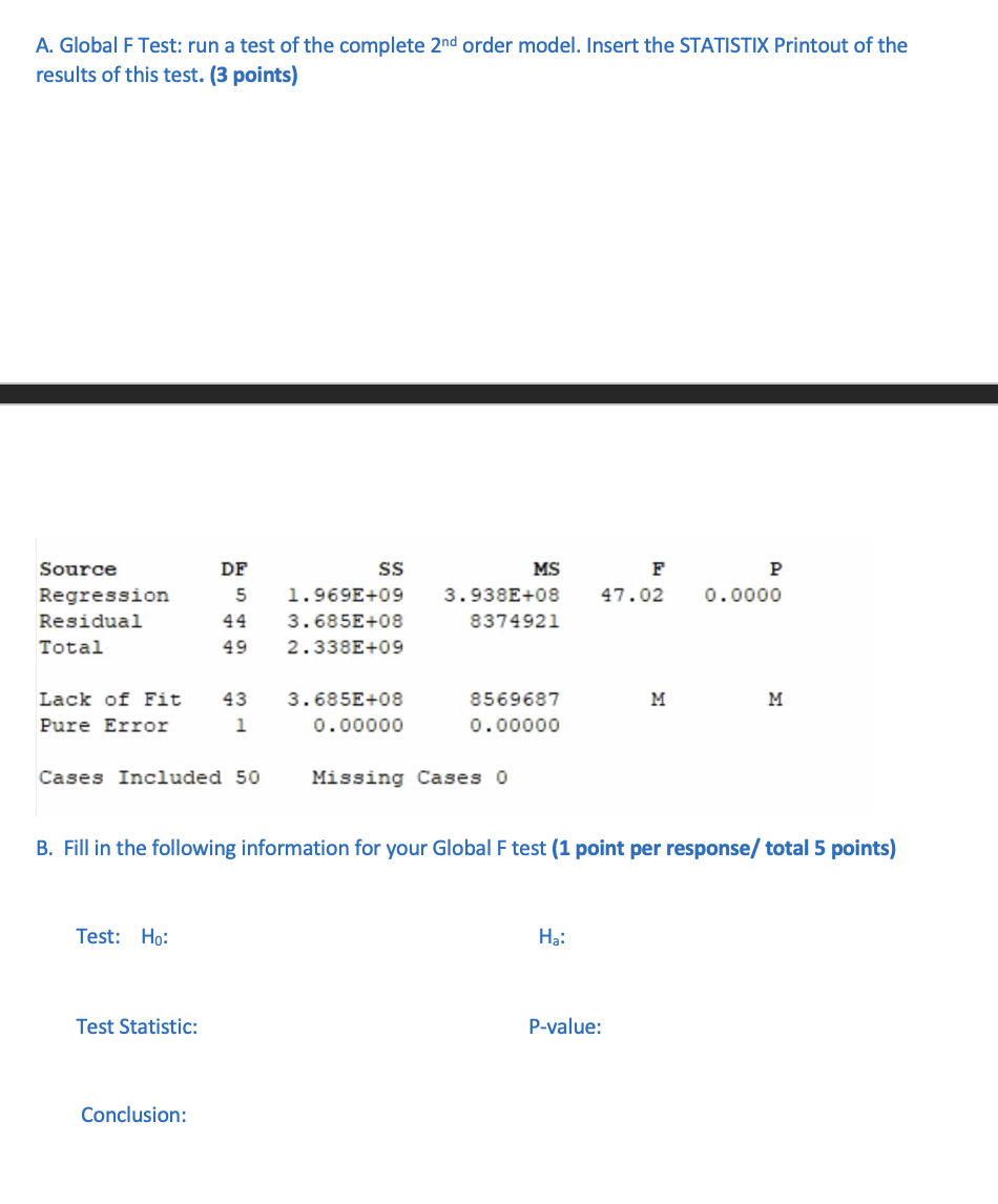 Solved A. ﻿Global F Test: run a test of the complete 2nd | Chegg.com
