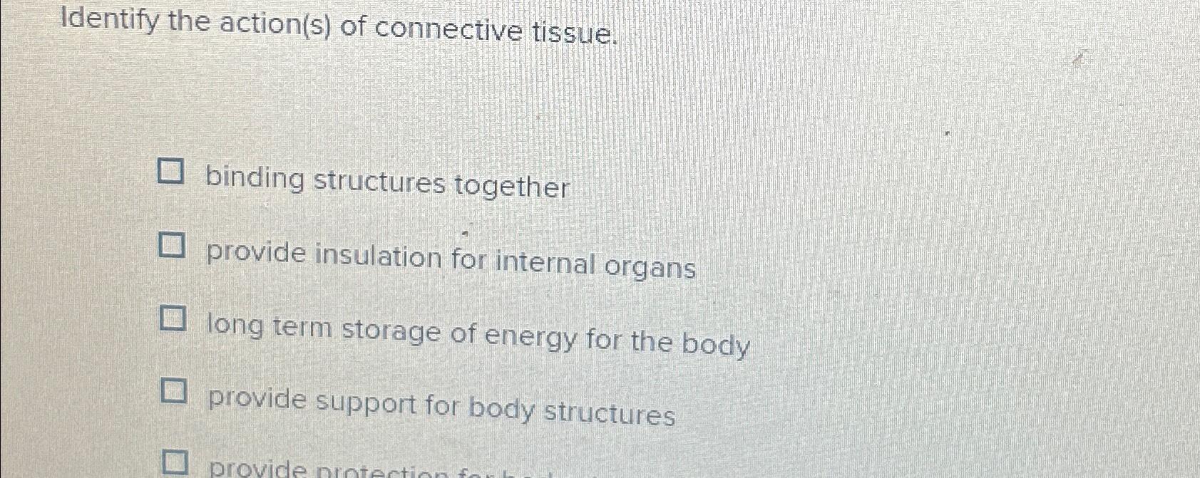 Solved Identify the action(s) ﻿of connective tissue.binding | Chegg.com