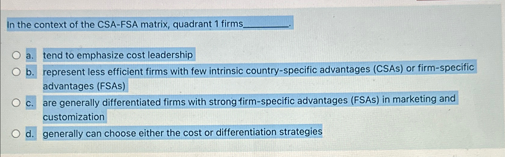Solved In the context of the CSA-FSA matrix, quadrant 1 | Chegg.com