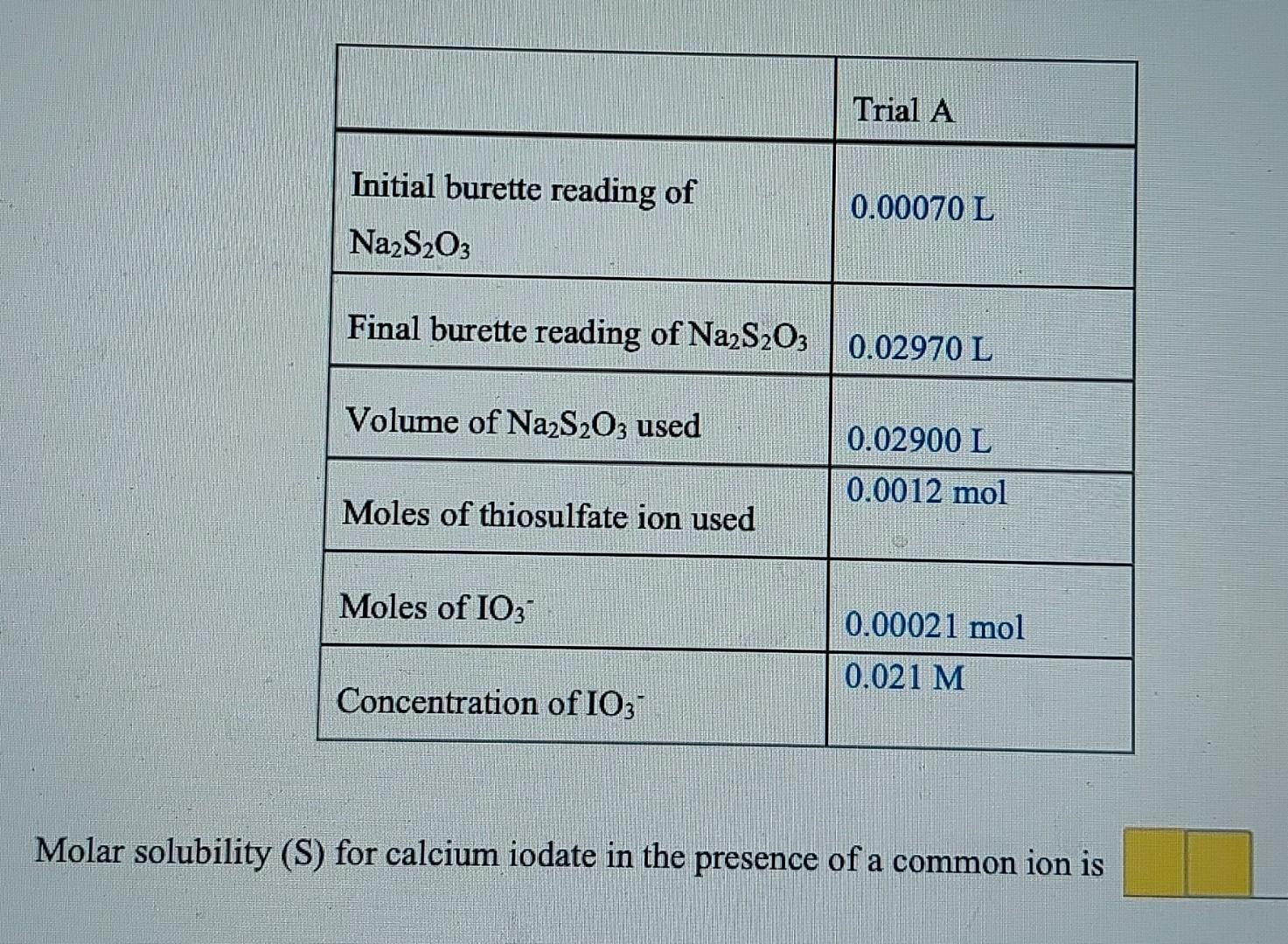 Solved Trial A Initial burette reading of 0.00070 L Na2S2O3 | Chegg.com